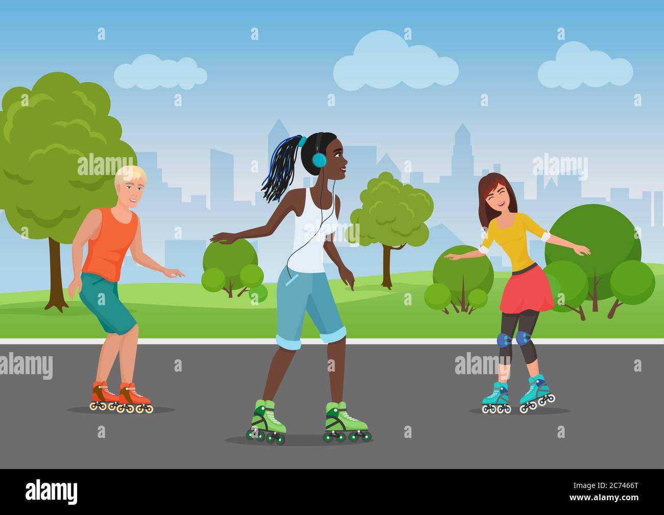 Vector illustration of happy people riding roller skates in the park ...