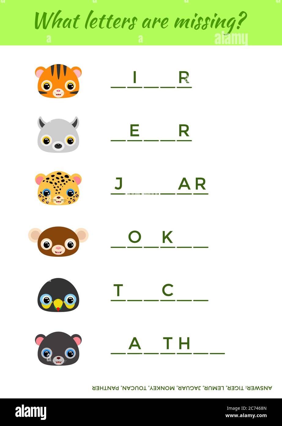 Matching educational game for children with cute animals. Write missing ...