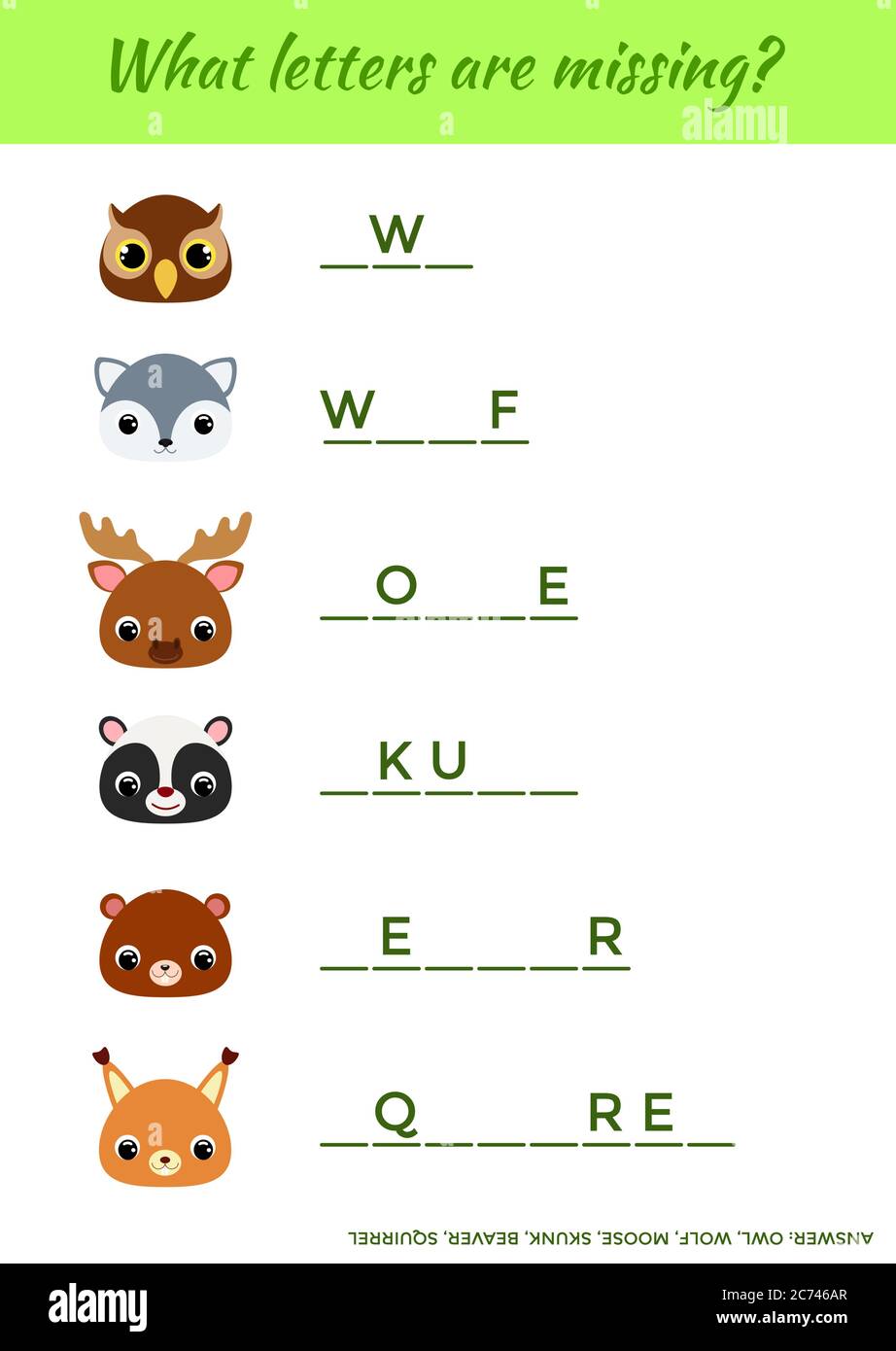 Matching educational game for children with cute animals. Write missing ...