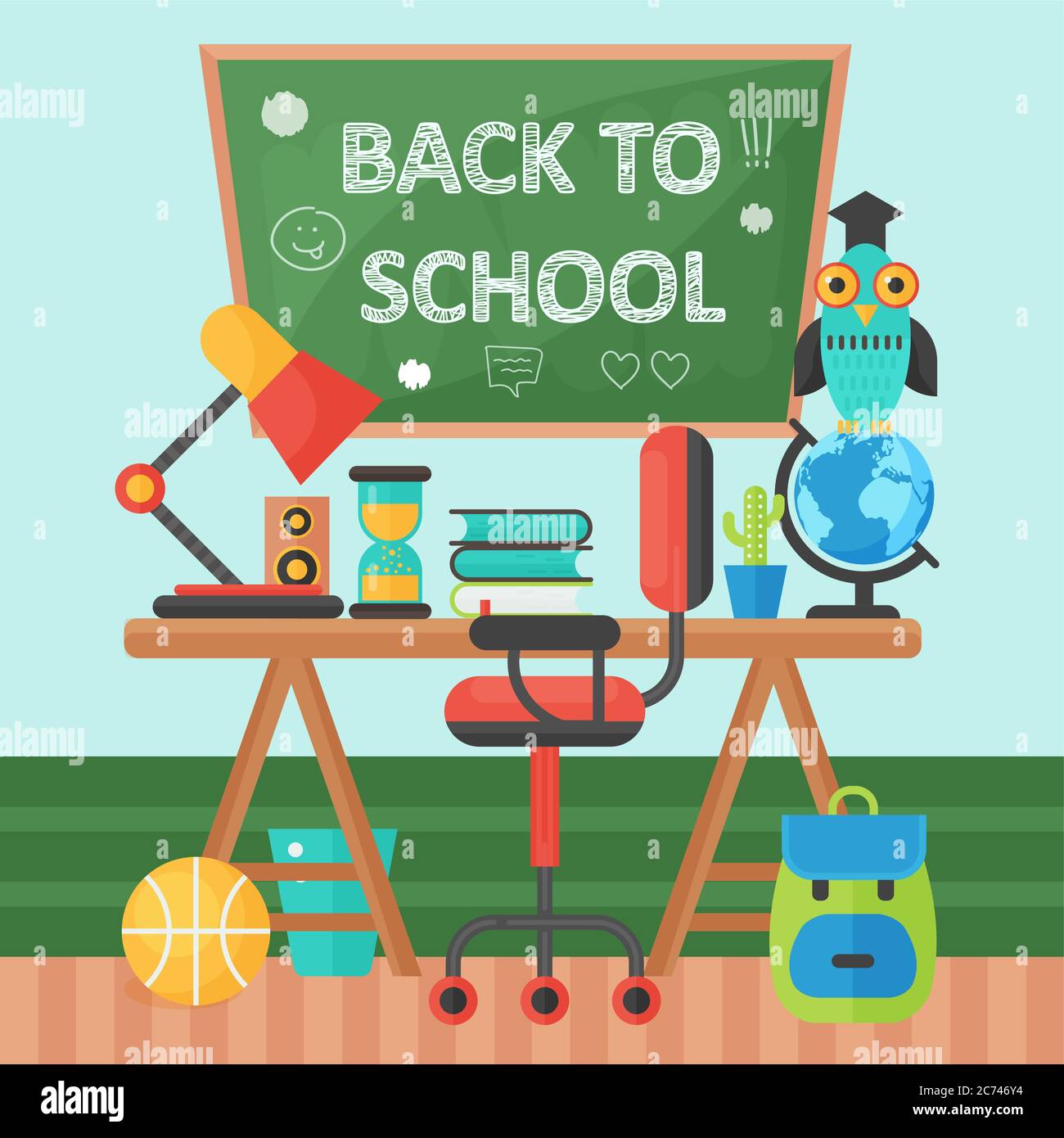 Back To School Banner Chalkboard and pupil table. Vector Flat ...