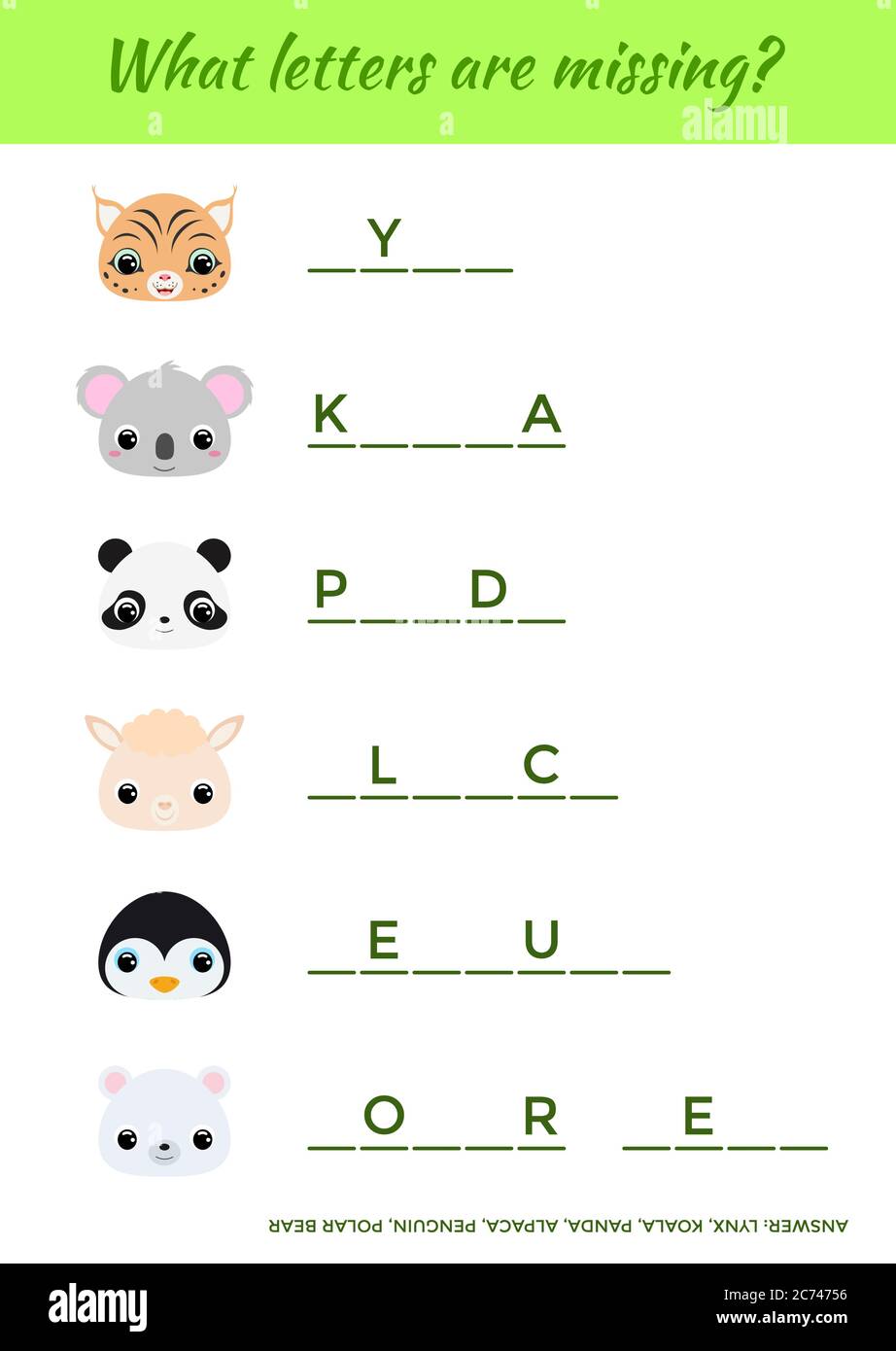 Matching educational game for children with cute animals. Write missing ...