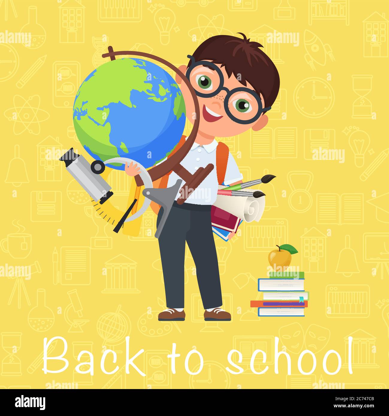 Cute pupil Boy. Back to School isolated cartoon character with globe on ...