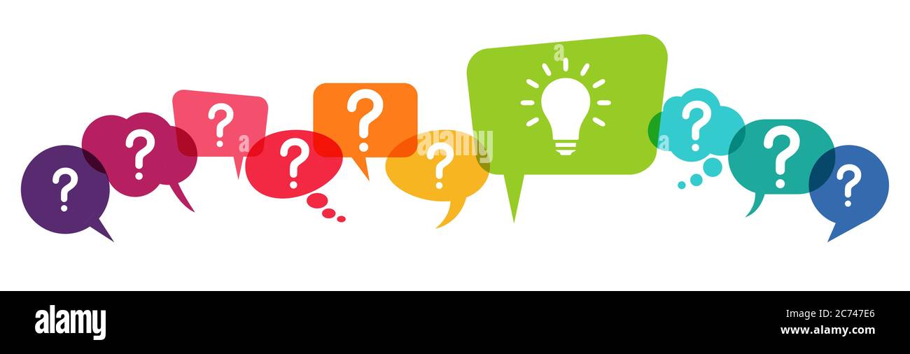 speech bubbles with colored question marks and with green light bulb symbolizing idea or ...