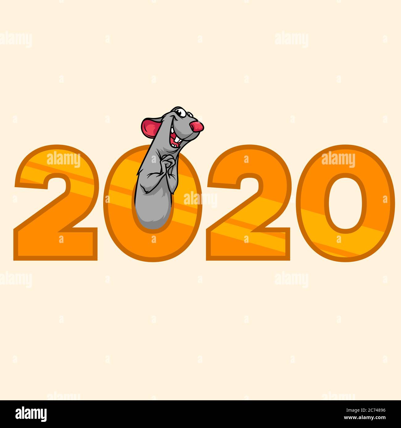 New Year 2020, a small cute rat is peeking out of the zero in logo ...