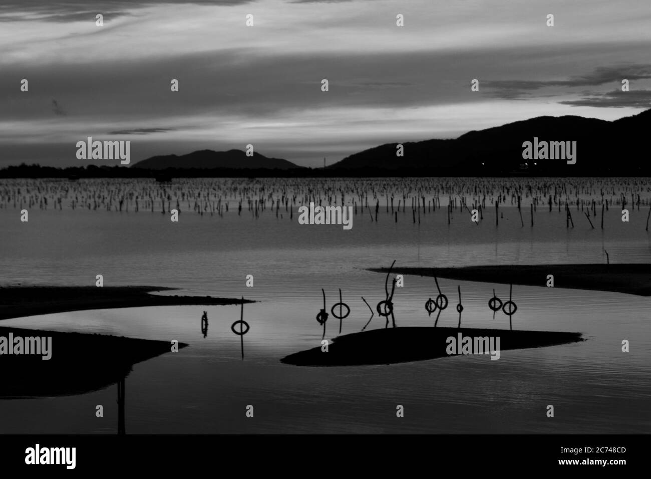 Black and white landscape with river, mountains Stock Photo - Alamy