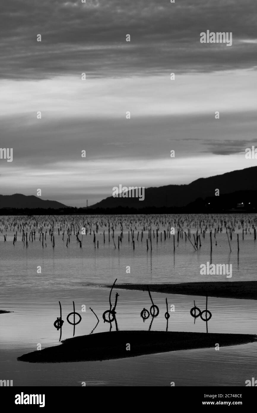 Black and white landscape with river, mountains Stock Photo - Alamy