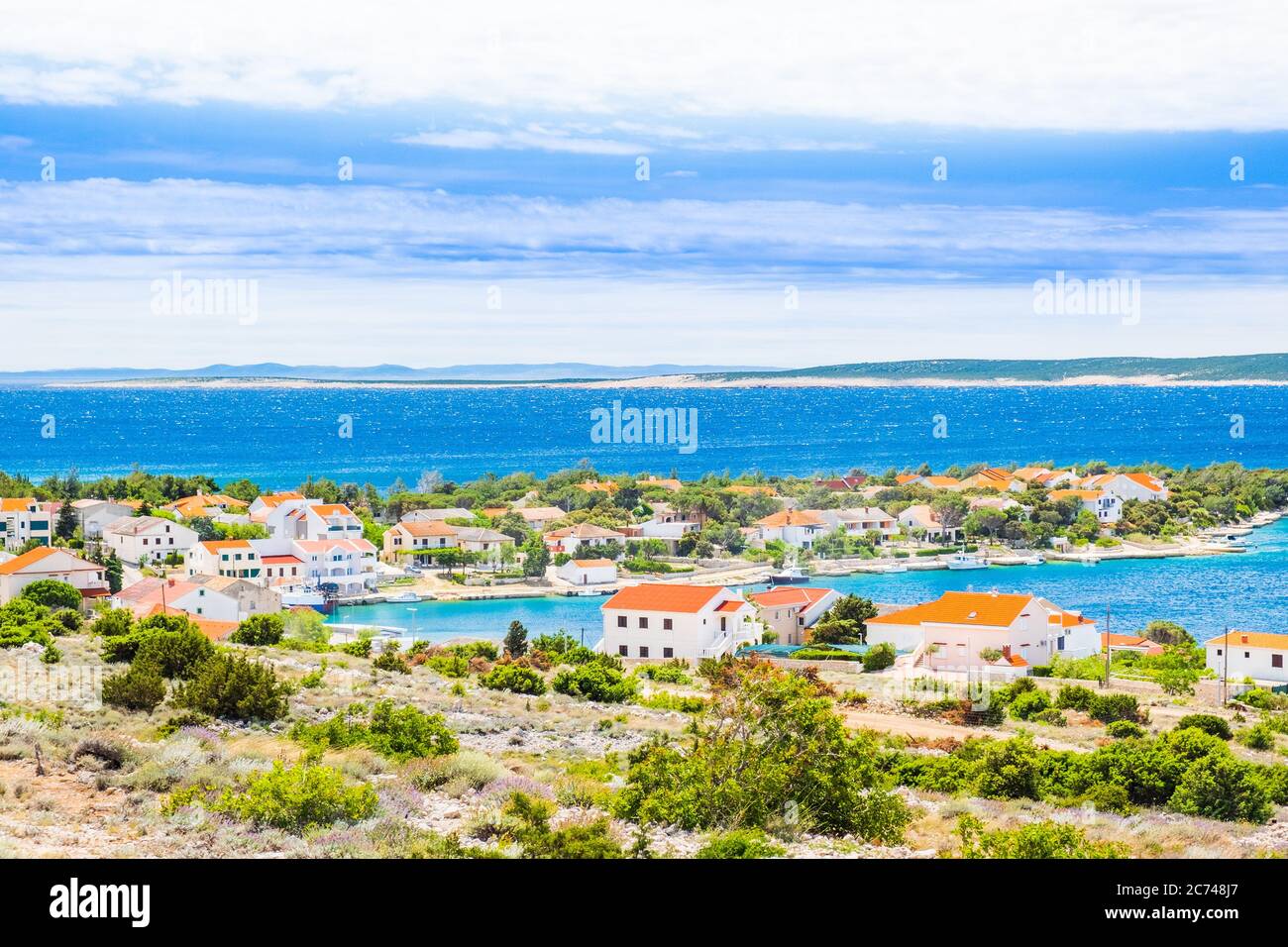 Croatia, marina in village of Simuni on the island of Pag, panoramic ...
