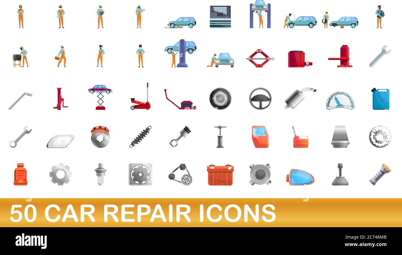 50 car repair icons set. Cartoon illustration of 50 car repair icons ...