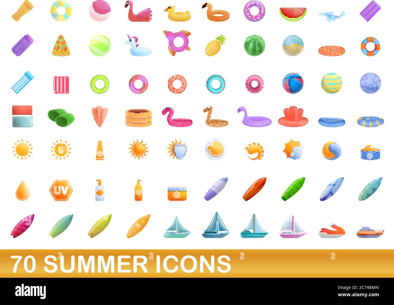 70 summer icons set. Cartoon illustration of 70 summer icons vector set ...
