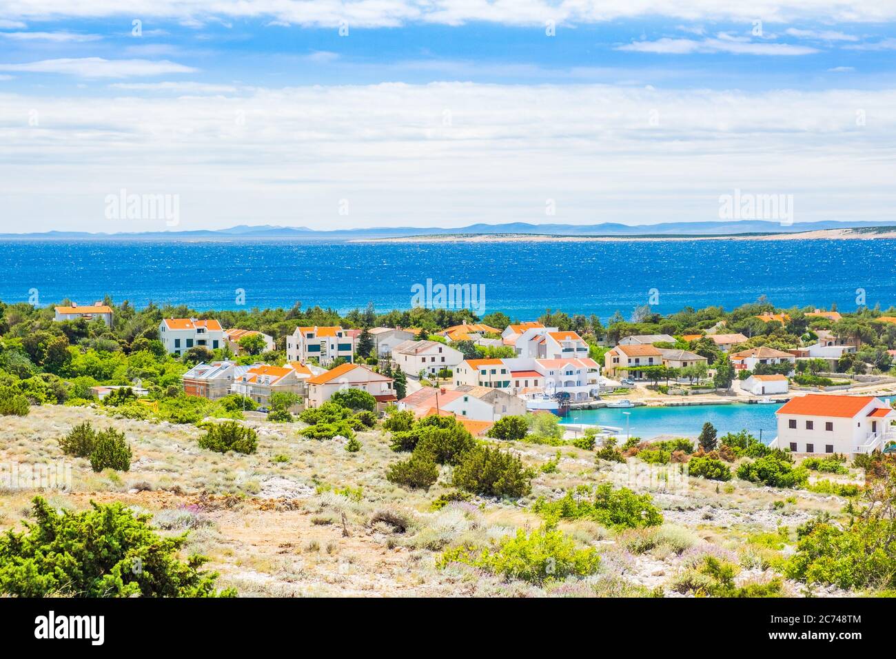 Croatia, marina in village of Simuni on the island of Pag, panoramic ...