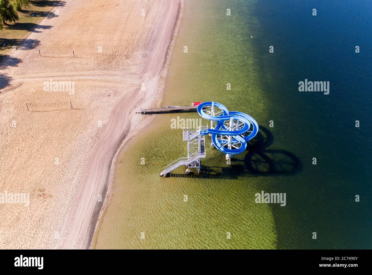 14 July 2020, Saxony-Anhalt, Roßbach: A 90 metre long giant slide is ...
