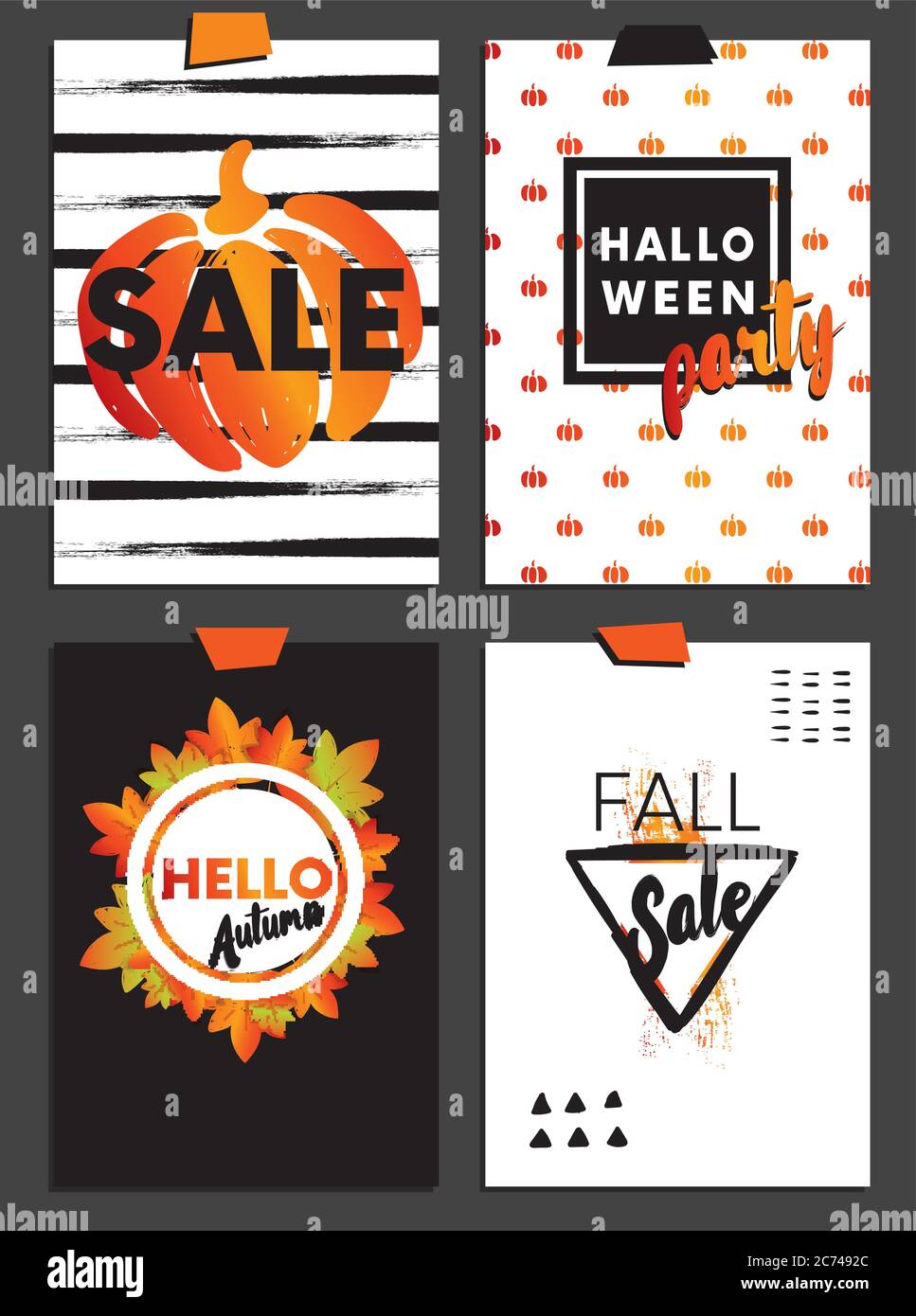 A set of designs for autumn and Halloween postcards. Concept flyers and ...