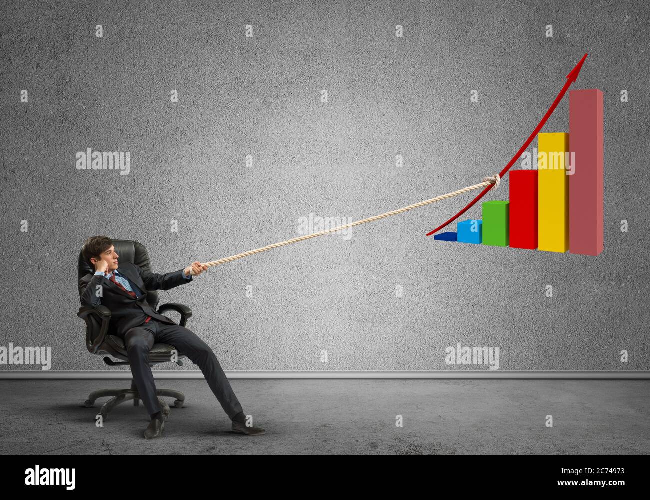 Businessman pulling graph with rope as concept of power and control ...