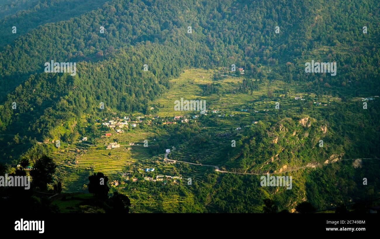 Scenic Landscape North Indian villages in Himalaya, surrounded by hills ...