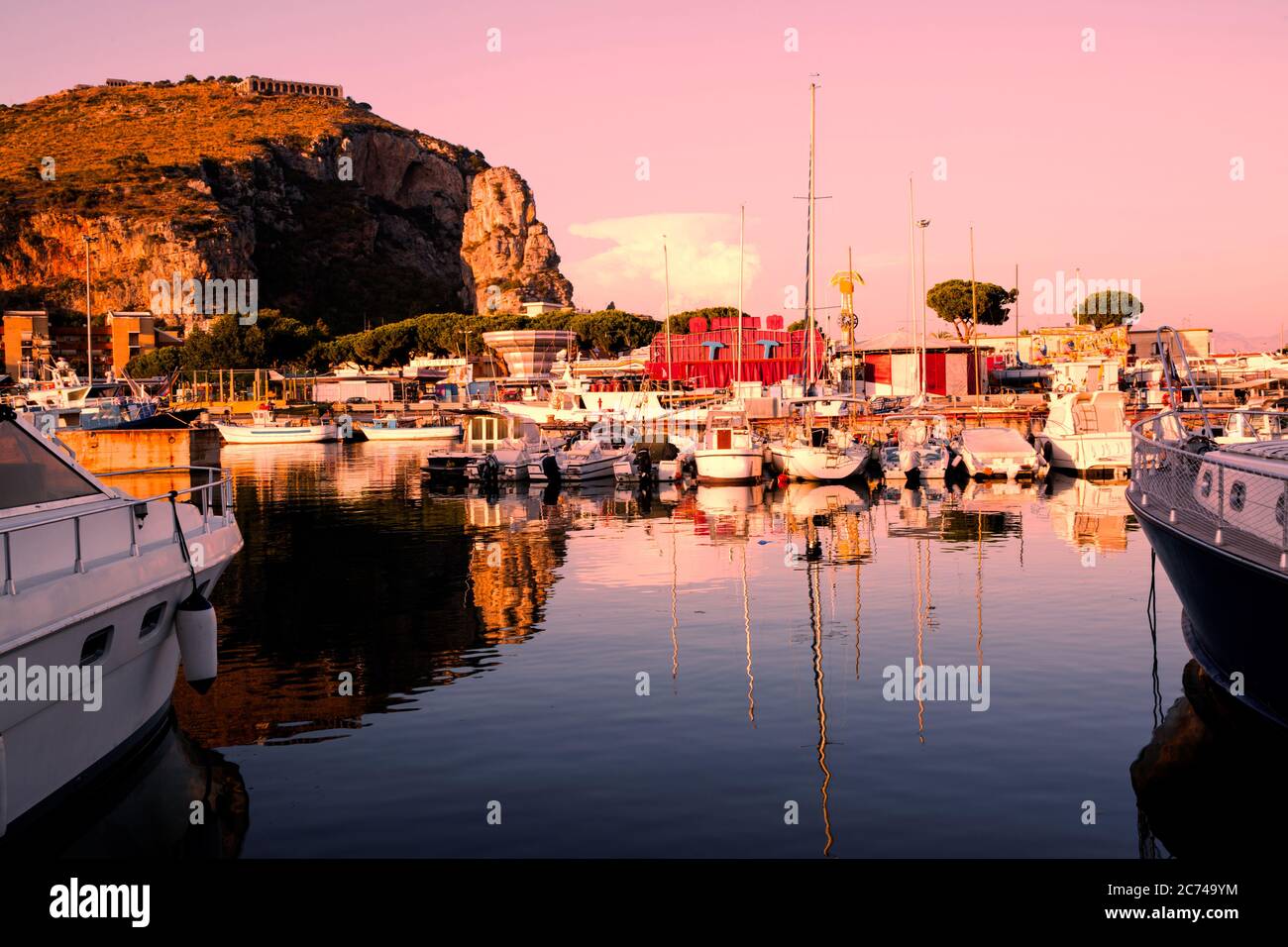 Terracina port in Italy. Ancient sanctuary of Jupiter Anxur on the ...