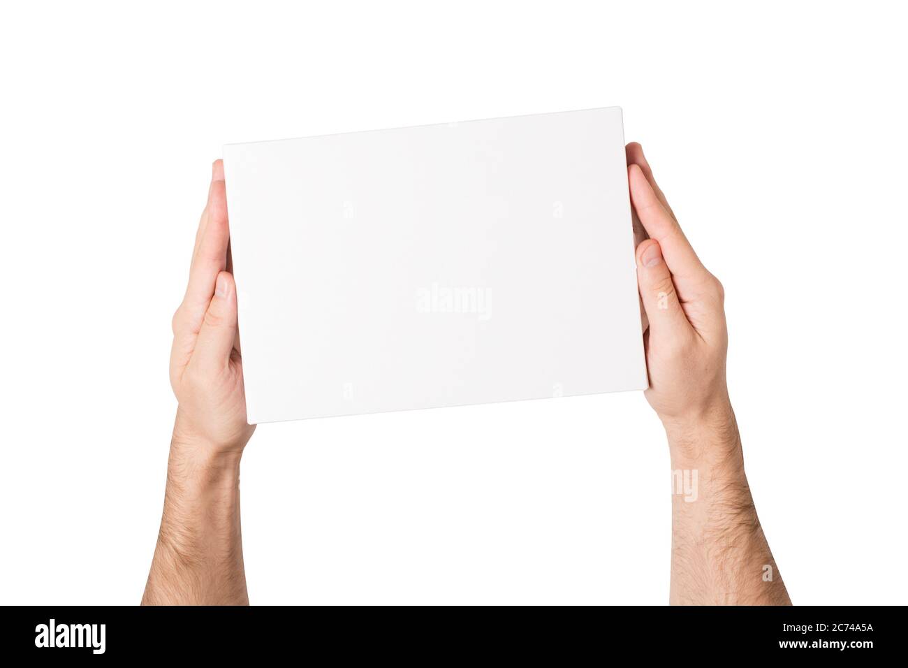 White rectangular box in male hands. Top view. Isolate Stock Photo - Alamy