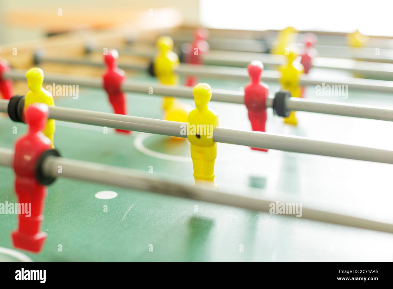 Close up of table football. Red and yellow table soccer players Stock ...