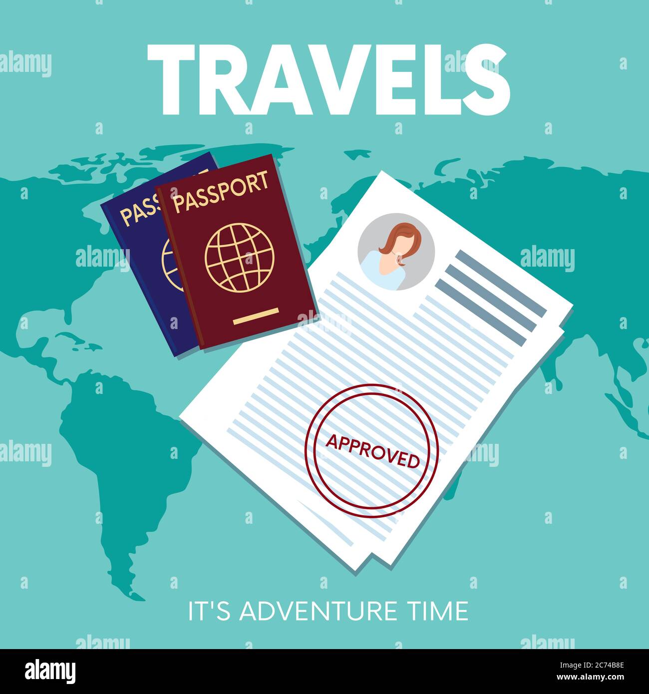 Passport and map of the world drawn in a flat style. Vector ...