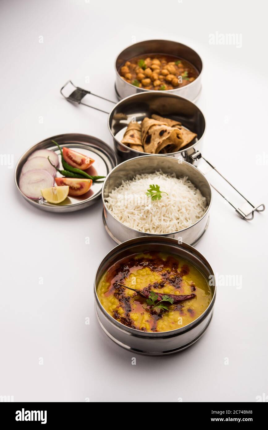 Indian vegetarian Lunch Box or Tiffin made up of stainless steel for ...