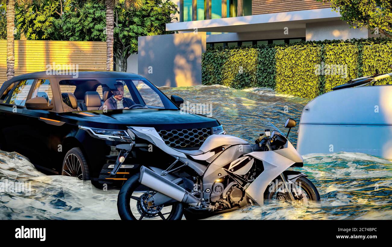 flooded road during a flood caused by heavy rain 3d rendering Stock ...