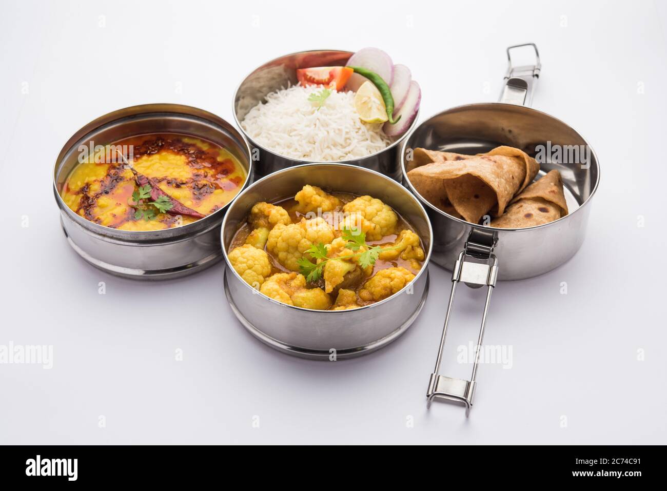 Indian vegetarian Lunch Box or Tiffin made up of stainless steel for ...