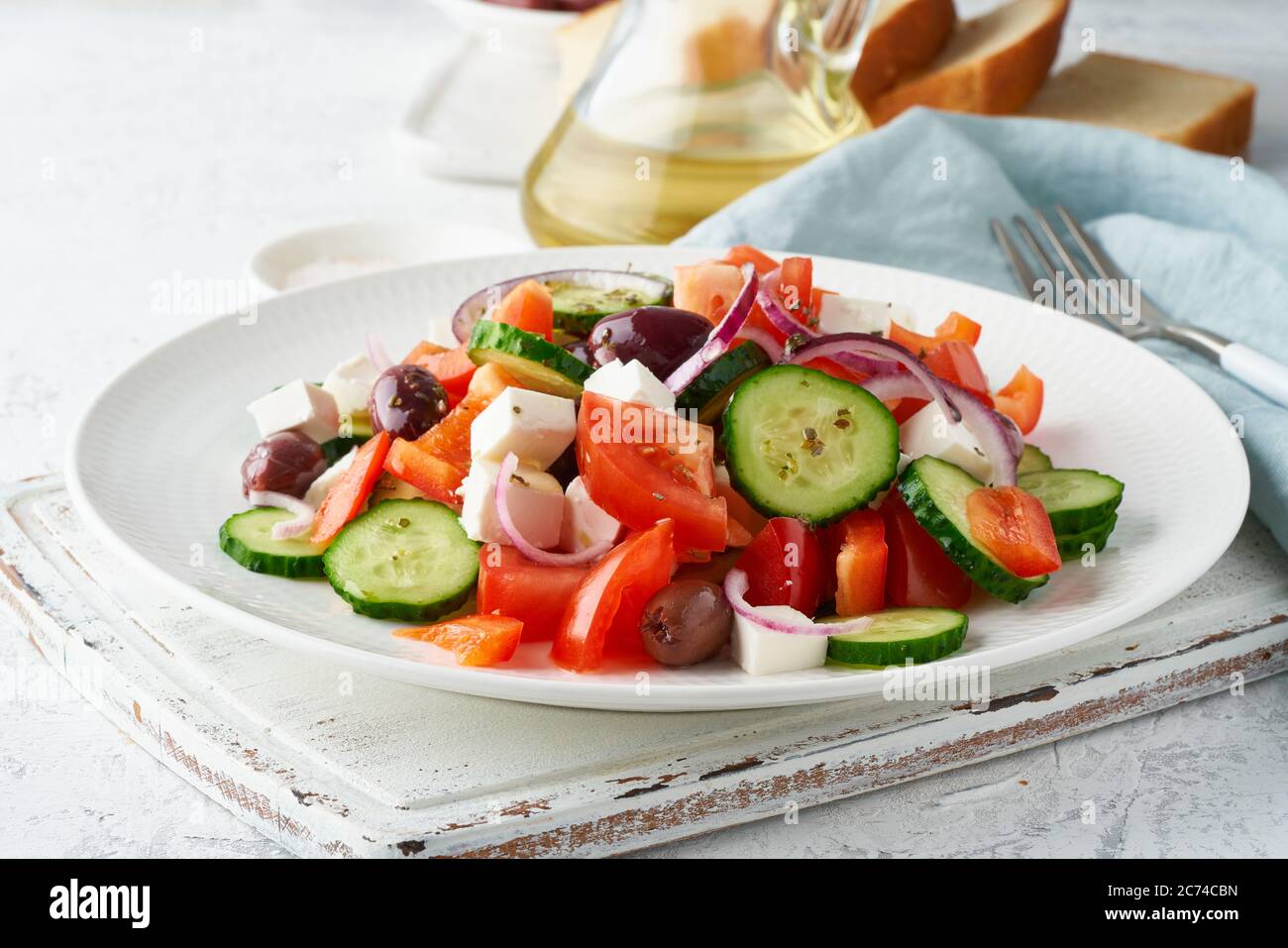 Greek village salad horiatiki with feta cheese, olives, cherry tomato ...