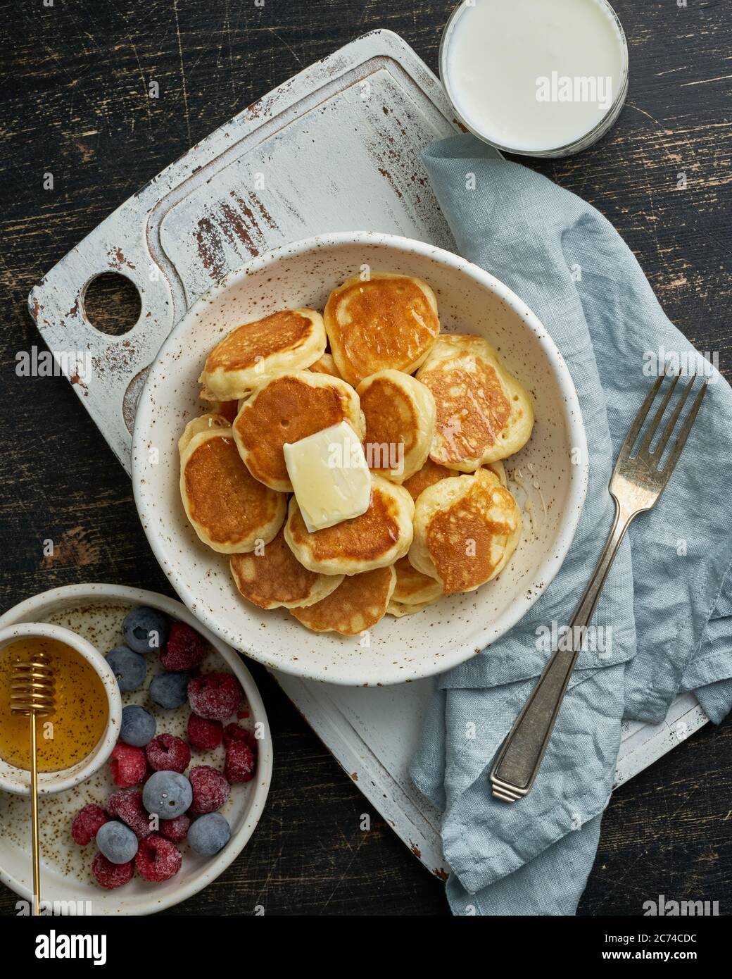 Pancakes cereal, tiny thin funny crumpet, children's food. Breakfast ...