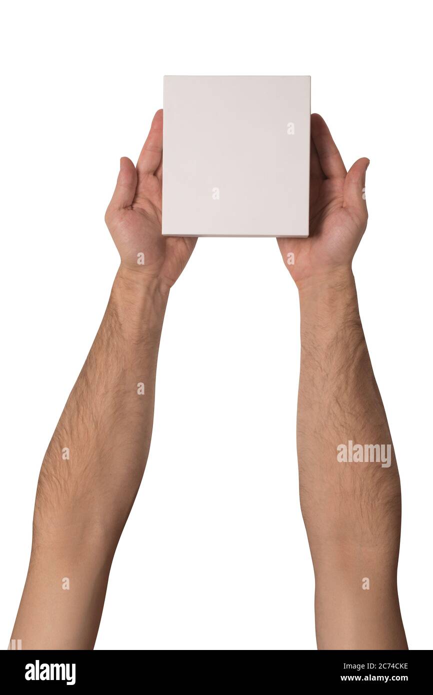 Small white cardboard boxes in male hands. Top view. Isolate Stock ...