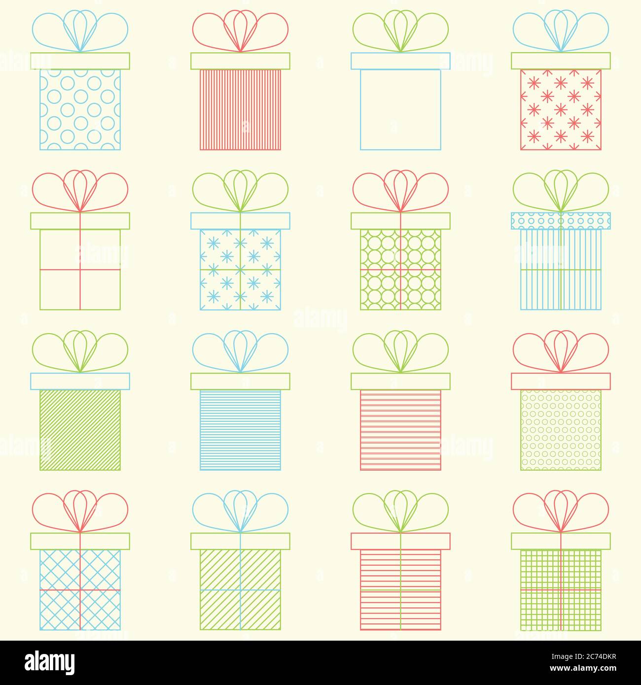 Set of present or gift boxes. Outline vector icon. Bright colors ...