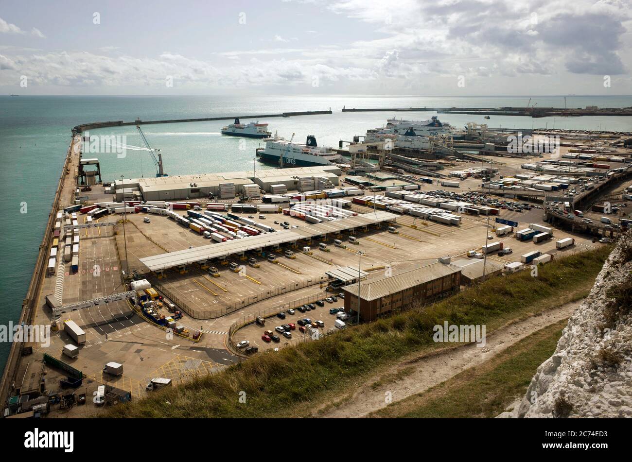 The Port of Dover viewed from the White Cliffs clifftops, Kent, England ...