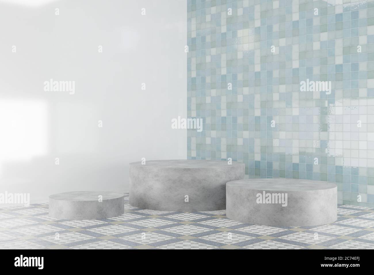 Three round concrete platforms on tile background near blue tiled wall ...