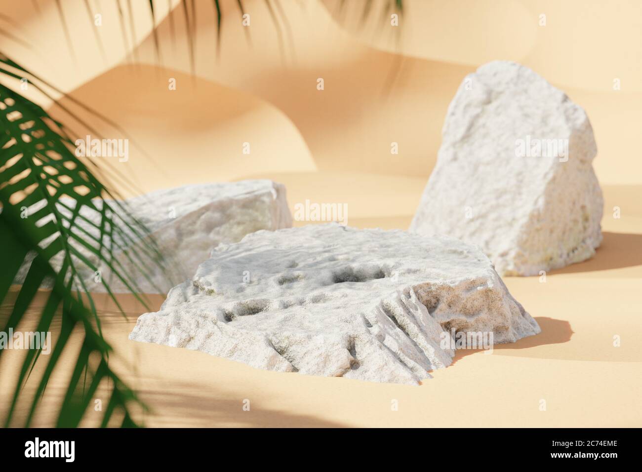 White rocks on sand with green palm tree. 3d rendered illustration ...
