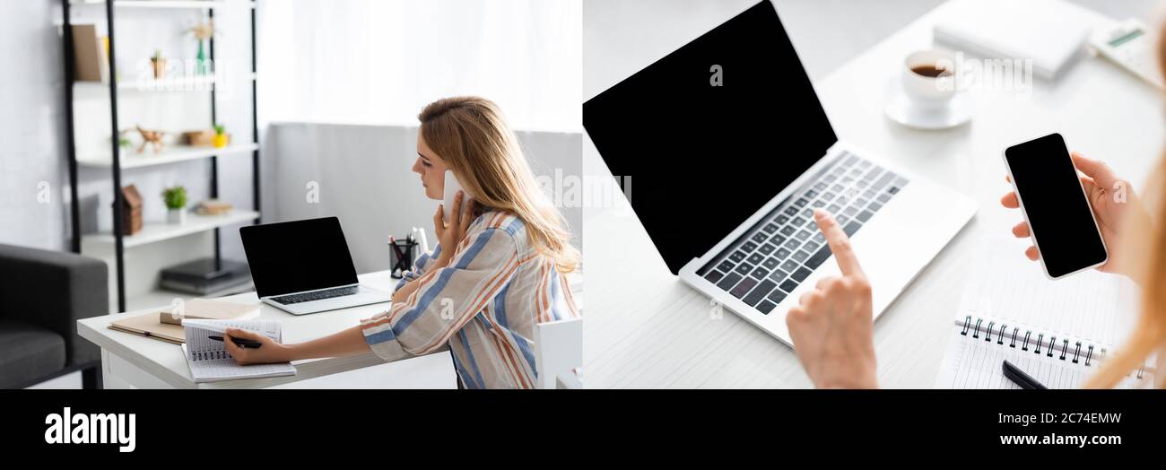 Collage of pretty freelancer using gadgets during working day Stock ...