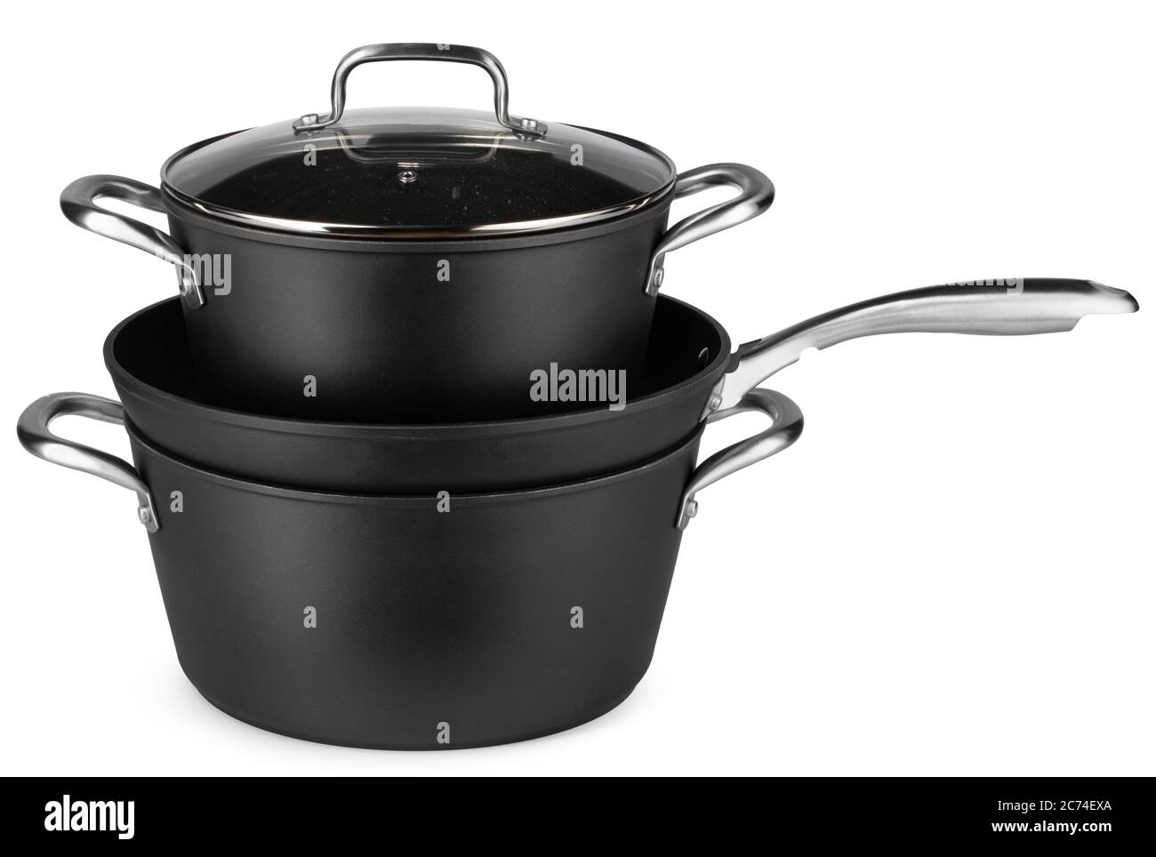 New set of black cookware isolated on white Stock Photo - Alamy