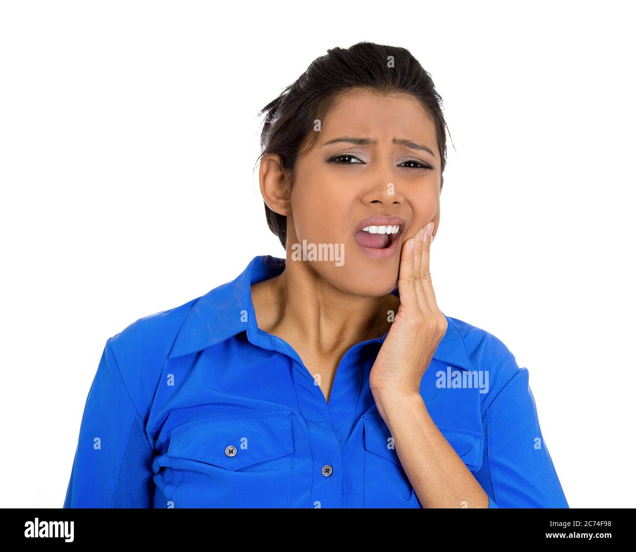 Portrait of a young woman with toothache isolated on white background ...