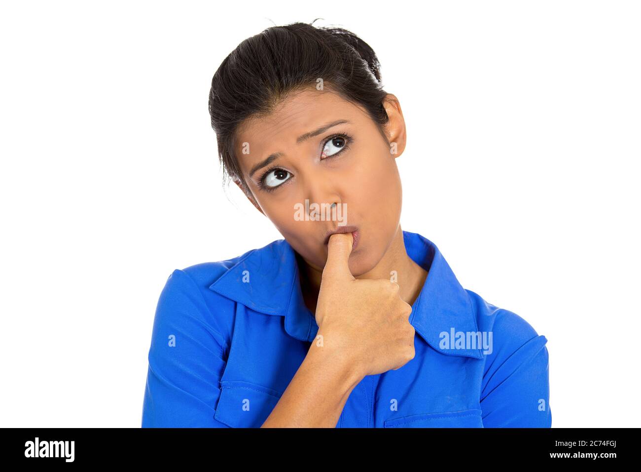 Closeup Portrait Of A Woman Sucking Thumb Biting Fingernail Feeling
