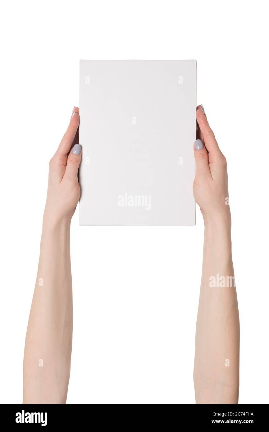 White rectangular box in female hands. Top view. Isolate Stock Photo ...