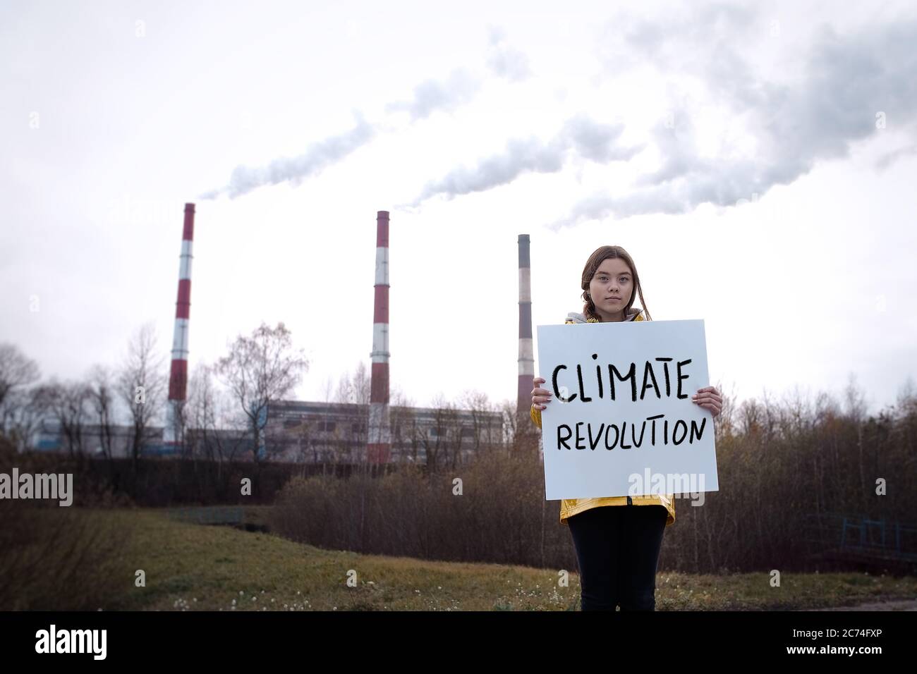 Teenager girl holding placard during global strike for climate change ...