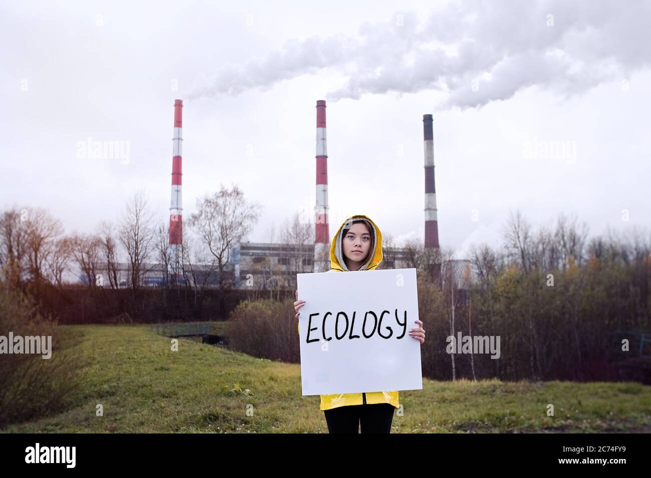 Teenager girl holding placard during global strike for climate change ...