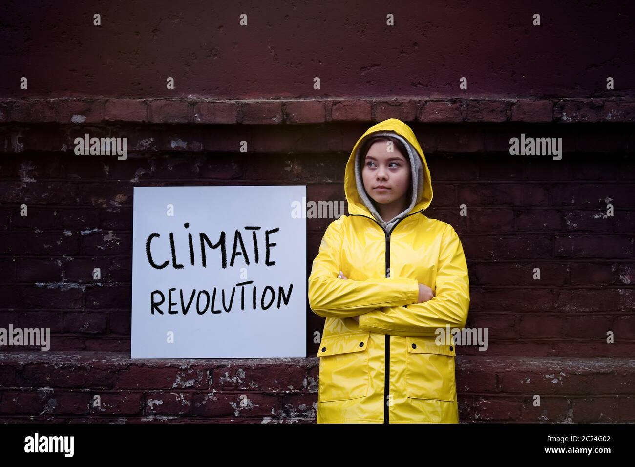 Teenager girl holding placard during global strike for climate change ...