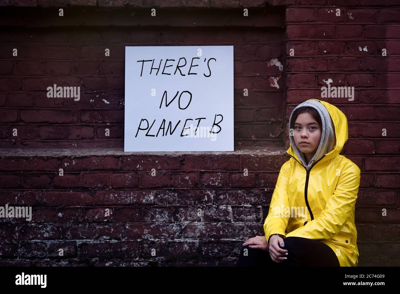 Teenager girl holding placard during global strike for climate change ...