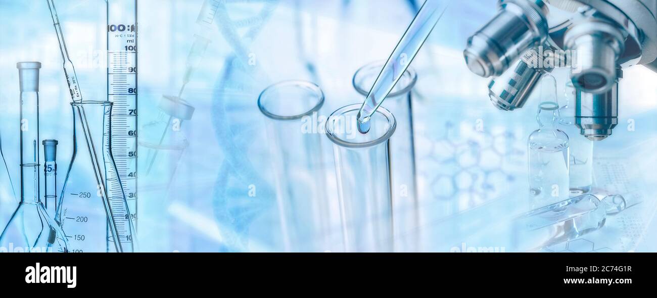 Scene from the laboratory with microscope, pipette, test tube, syringe ...