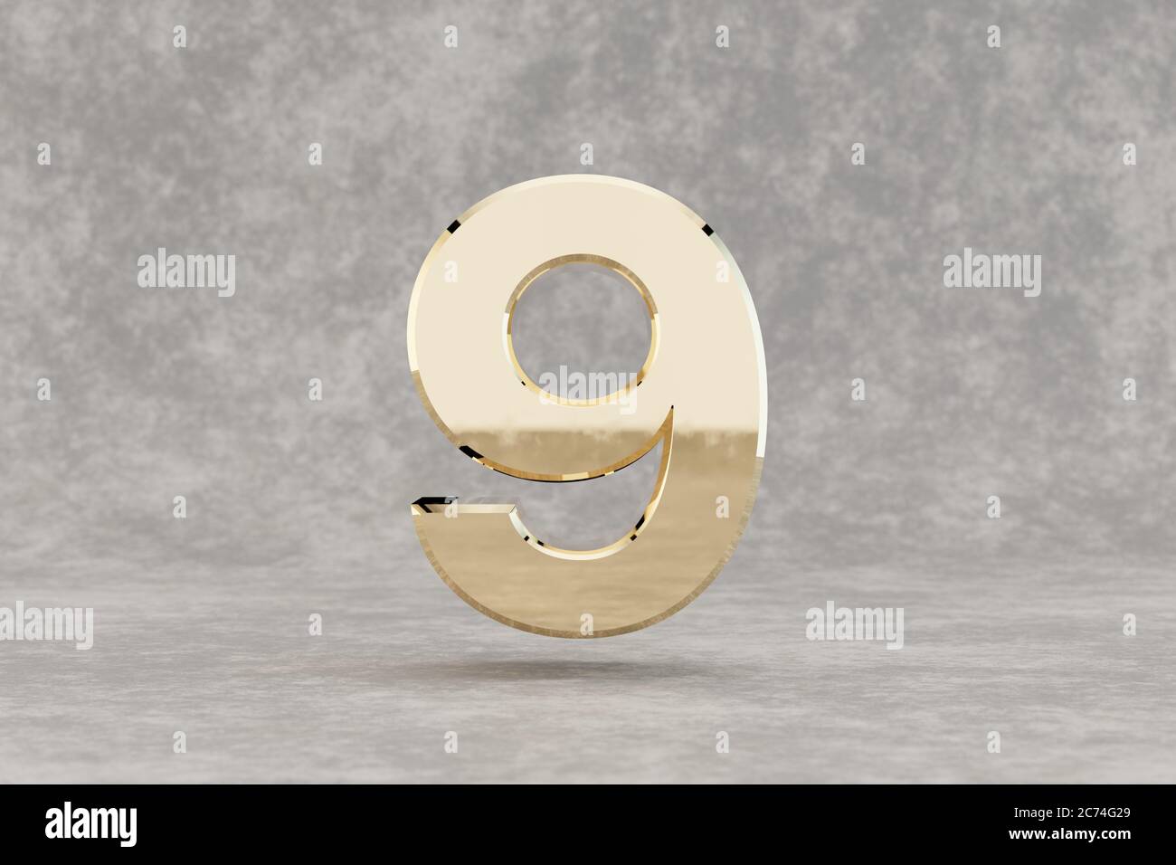 Gold 3d number 9. Glossy golden number on concrete background. Metallic ...
