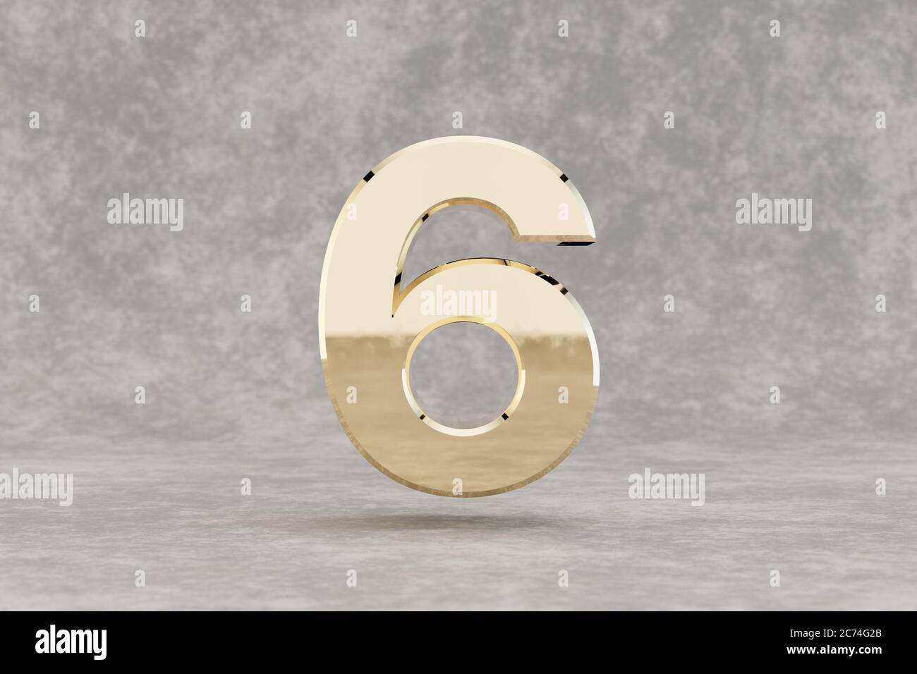 Gold 3d number 6. Glossy golden number on concrete background. Metallic ...