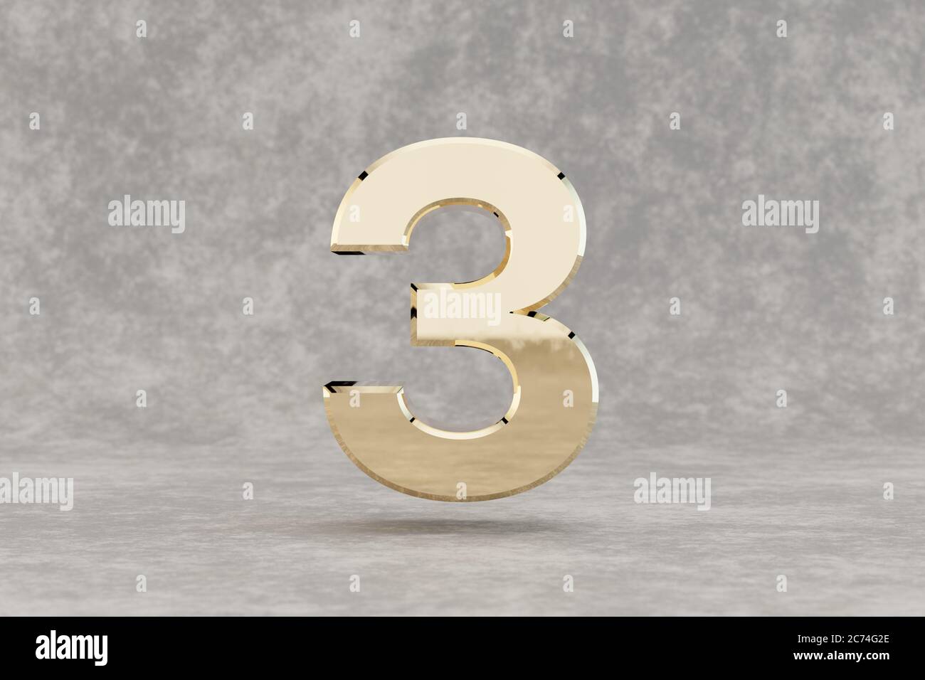 Gold 3d number 3. Glossy golden number on concrete background. Metallic ...