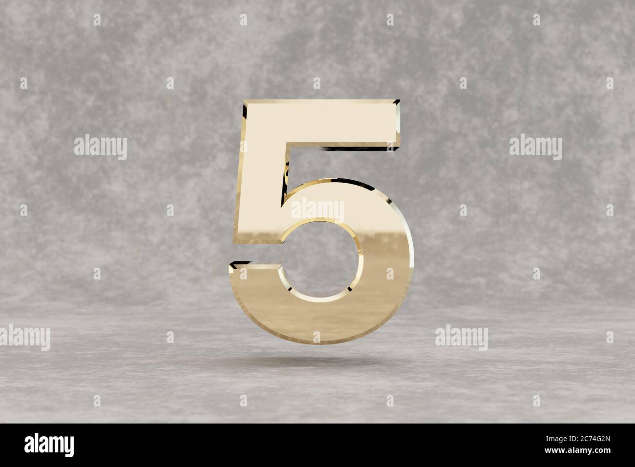 Gold 3d number 5. Glossy golden number on concrete background. Metallic ...