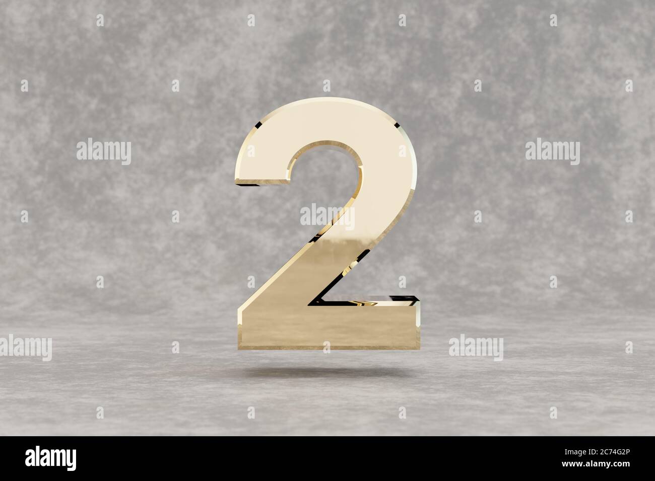 Gold 3d number 2. Glossy golden number on concrete background. Metallic ...