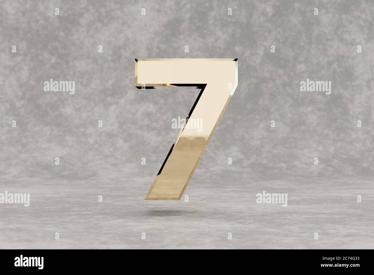 Gold 3d number 7. Glossy golden number on concrete background. Metallic ...