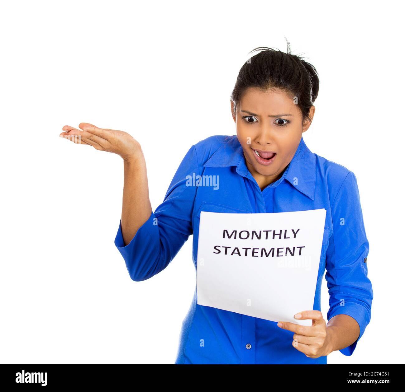Closeup portrait of shocked looking young woman looking at her monthly ...