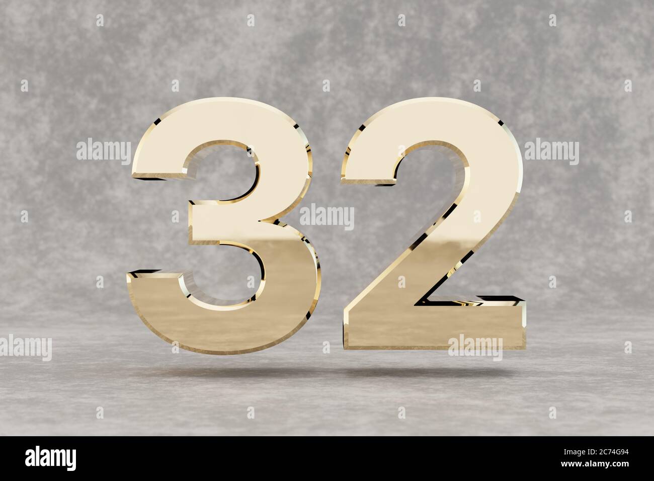 Gold 3d number 32. Glossy golden number on concrete background ...